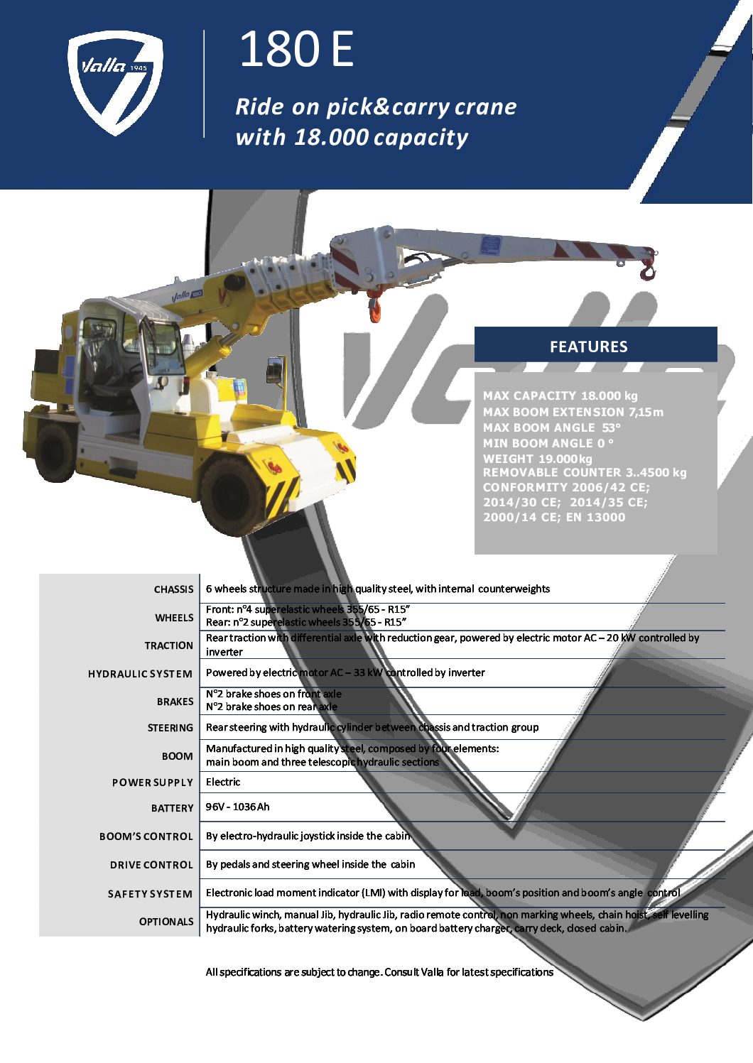 Valla 180E Pick and Carry Crane • Pace Cranes